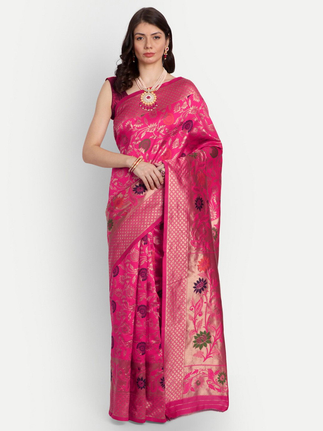 Buy Kasee Pink & Gold Toned Woven Design Zari Silk Blend Saree - Sarees ...