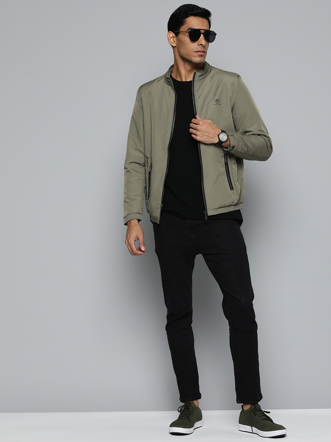 Buy Fort Collins Men Olive Green Solid Mock Collar Tailored Jacket ...