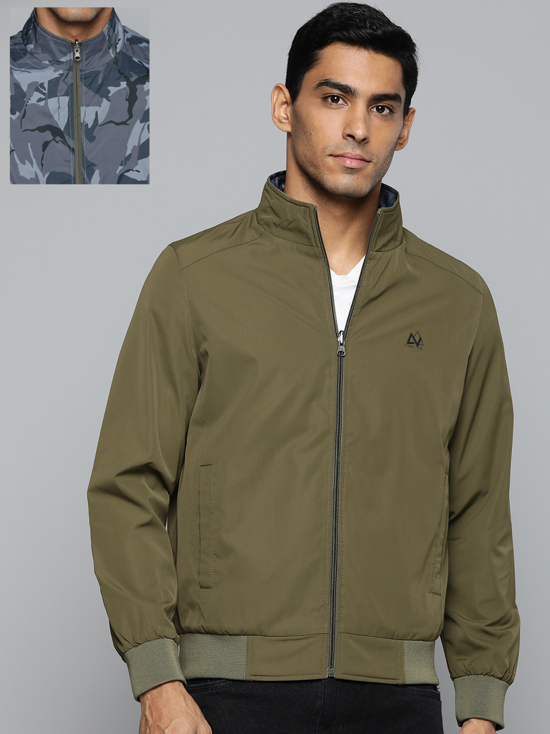 Buy Fort Collins Men Olive Green & Grey Reversible Bomber Jacket ...