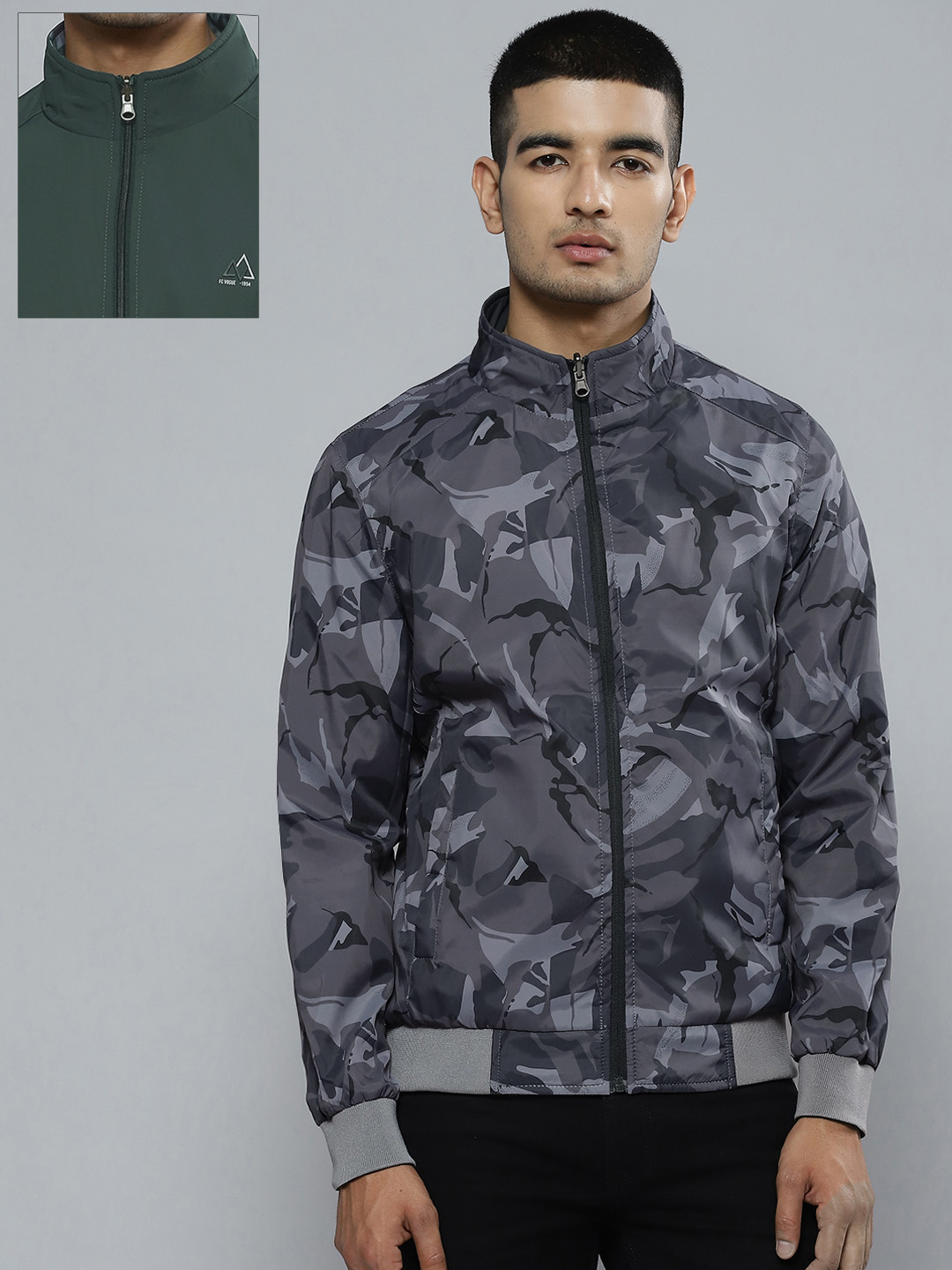 Buy Fort Collins Men Green & Grey Camouflage Printed Reversible Bomber ...