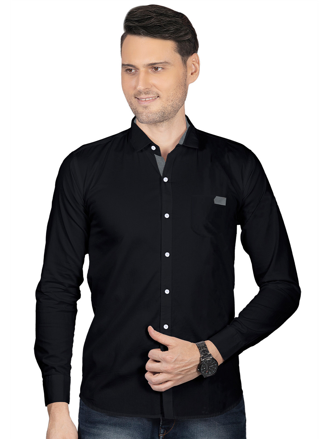 Buy FINIVO FASHION Men Black Regular Fit Solid Spread Collar Casual ...