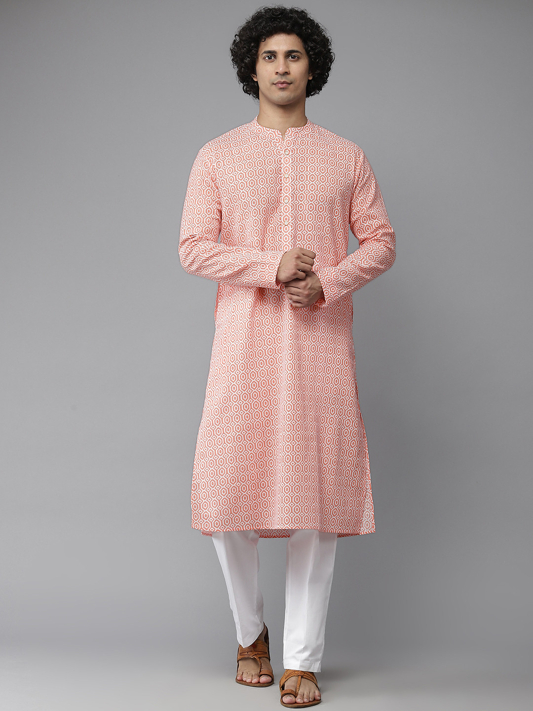 Buy See Designs Men Peach Coloured & Wwhite Printed Pure Cotton Kurta ...