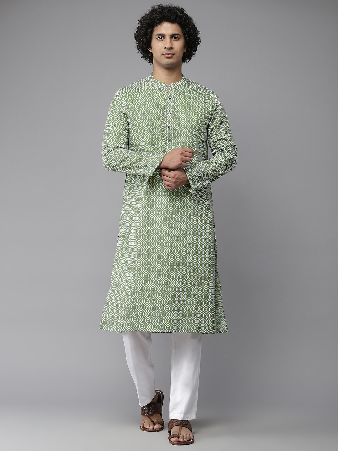 Buy See Designs Men Green & White Printed Pure Cotton Kurta With ...