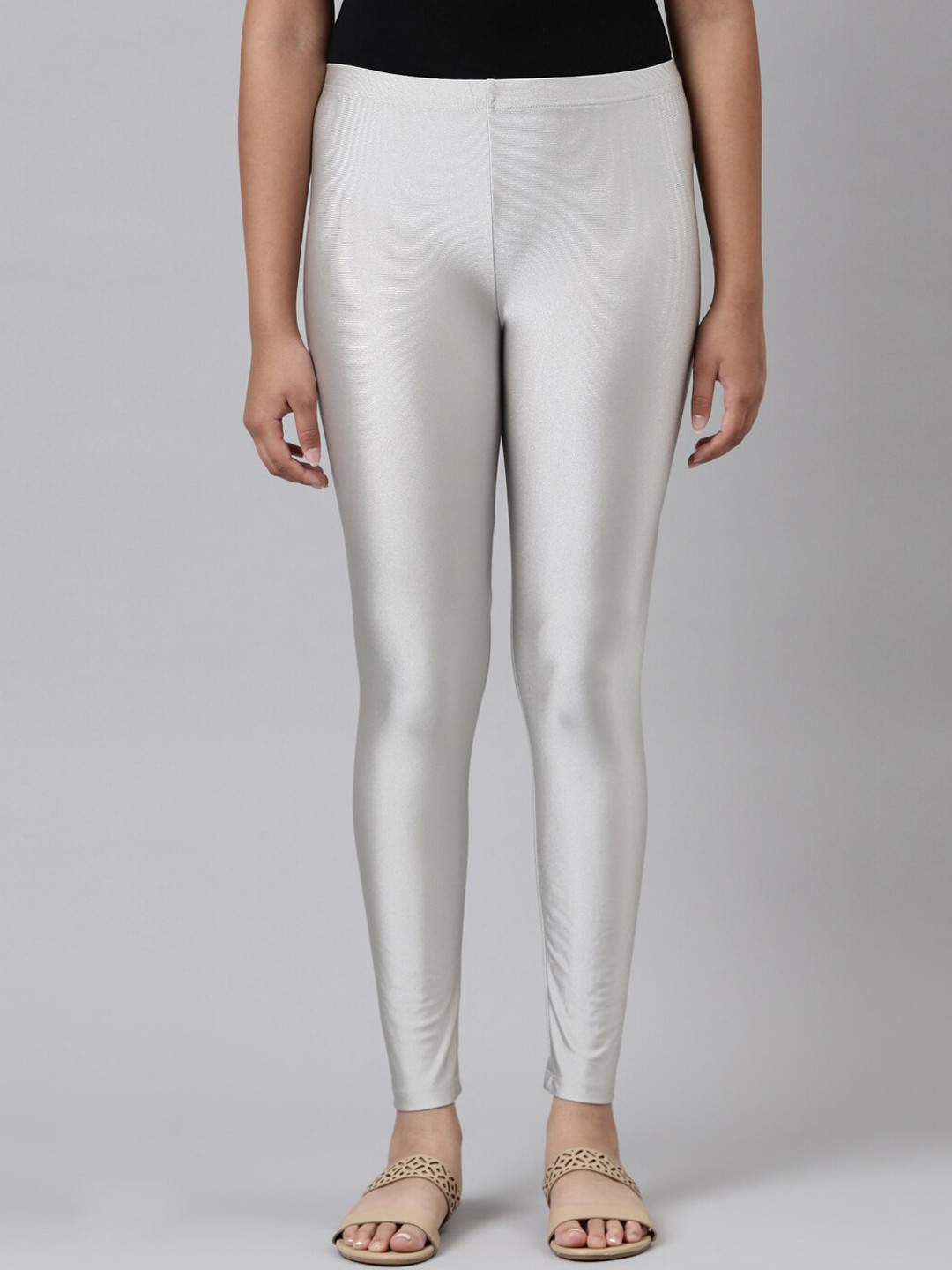 Buy Go Colors Girls Silver Coloured Solid Slim Fit Ankle Length ...