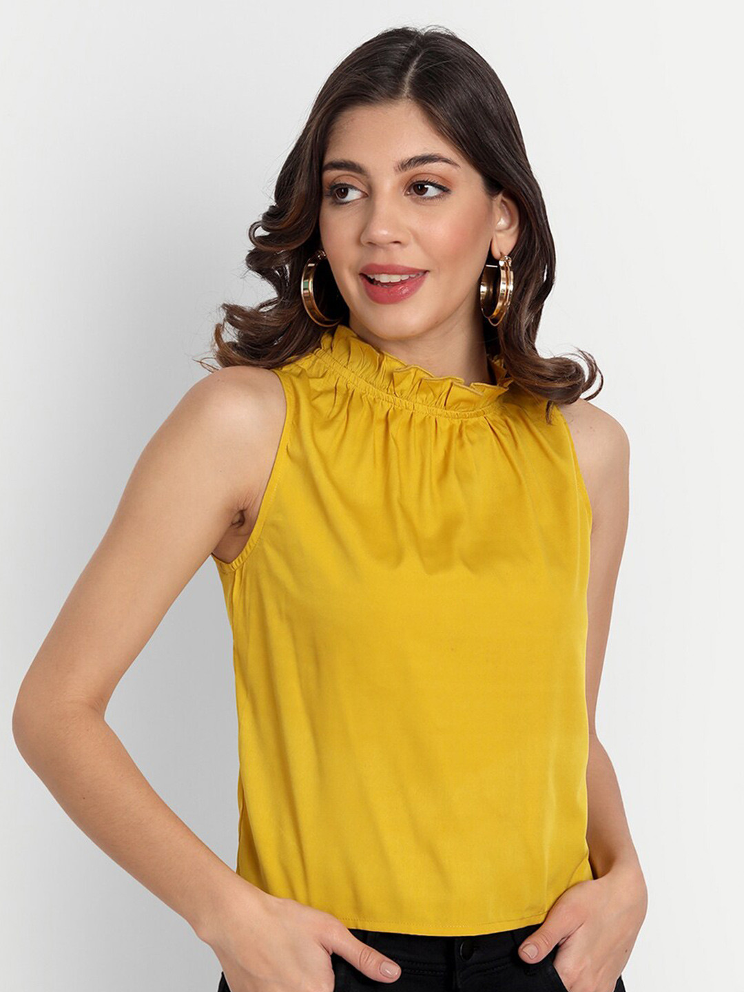 Buy ESSQUE Mustard Yellow Mandarin Collar Crepe Top - Tops for Women ...