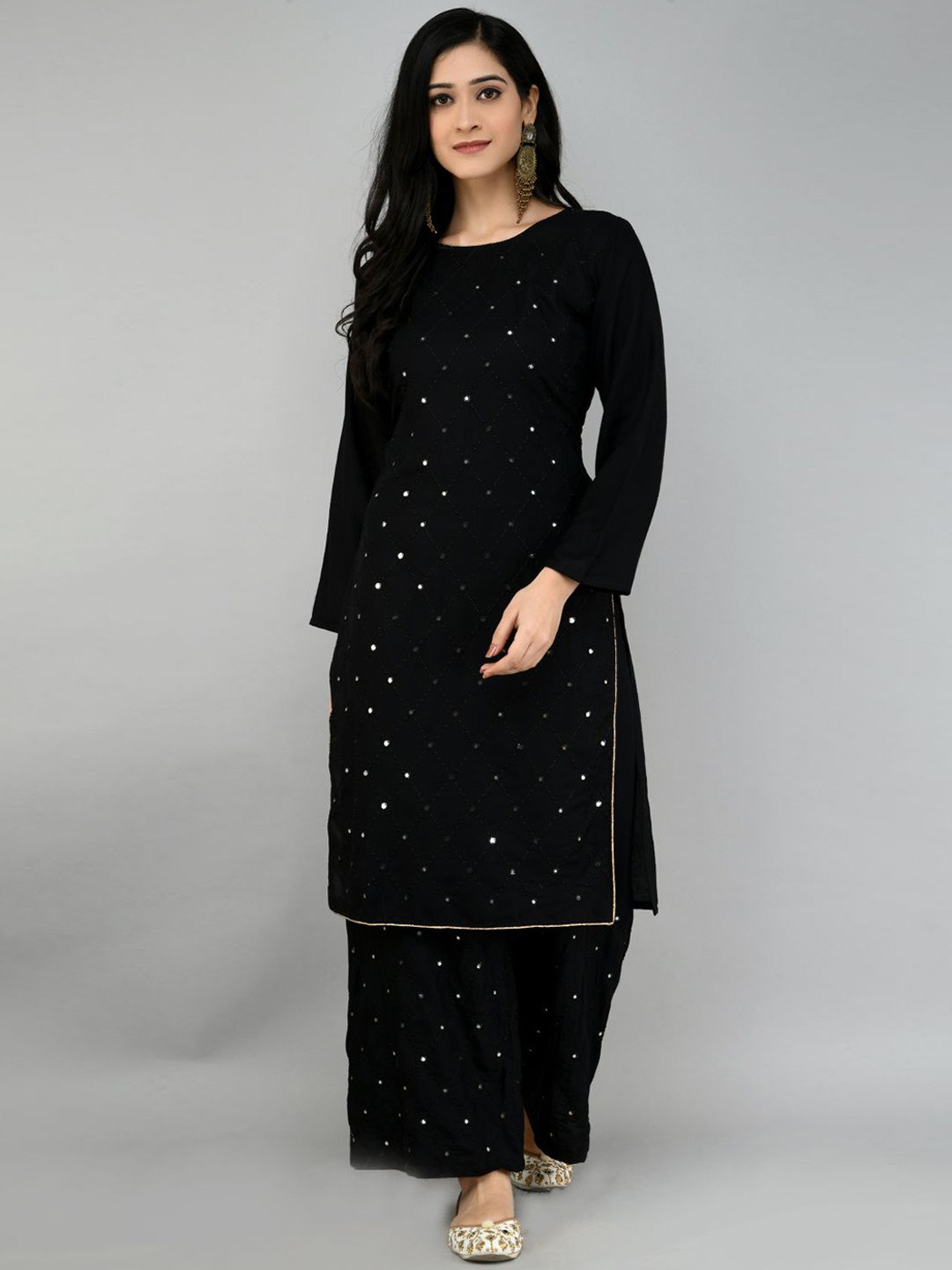 Buy Queenswear Creation Women Black Embroidered Mirror Work Kurta With ...