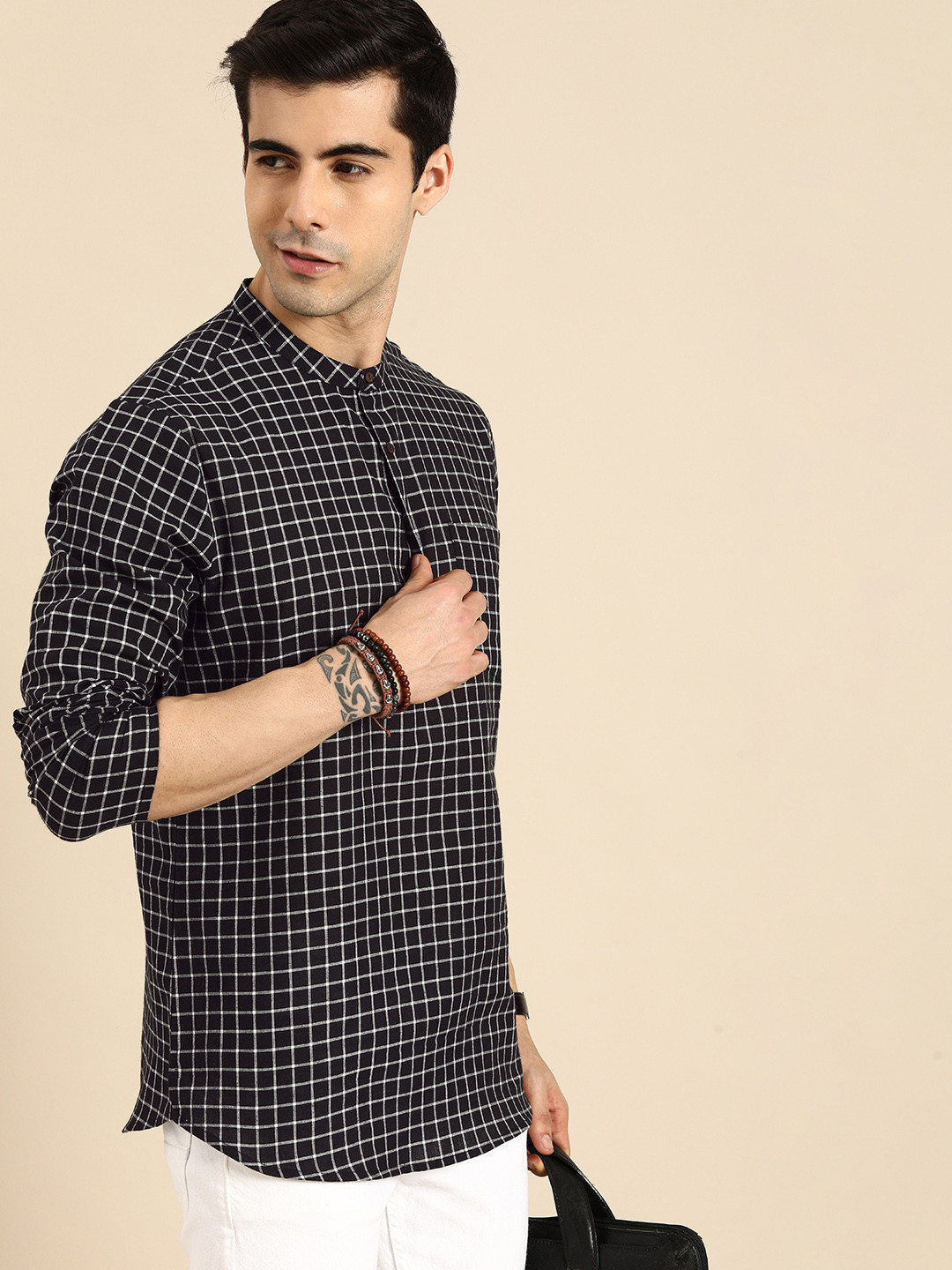 Buy Anouk Men Black & White Checked Pure Cotton A Line Kurta - Kurtas ...