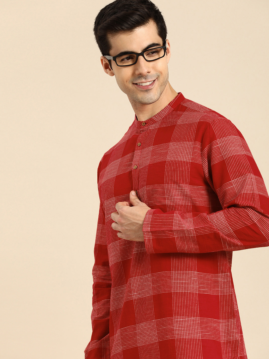 Buy Anouk Men Red & White Checked Pure Cotton A Line Kurta - Kurtas for ...