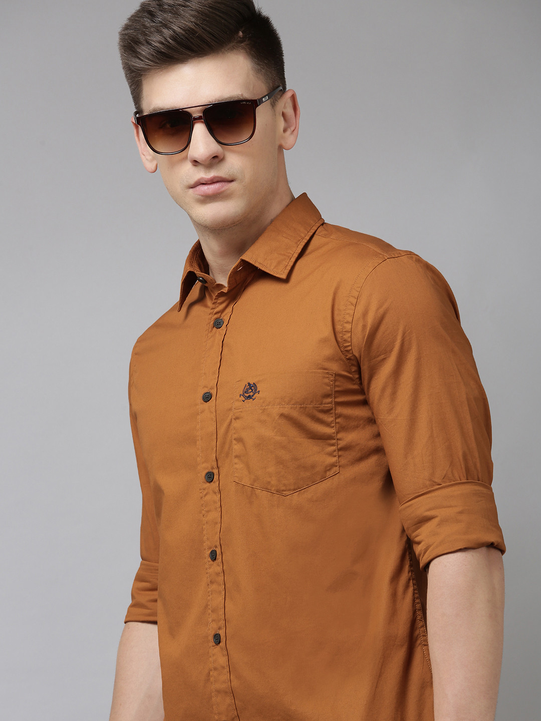 Buy U.S. Polo Assn. Men Camel Brown Solid Pure Cotton Tailored Fit ...