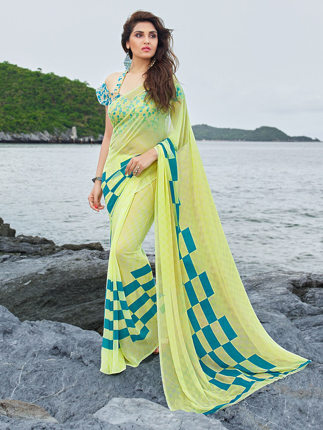 Buy Shaily Women Yellow & Blue Printed Saree - Sarees for Women ...