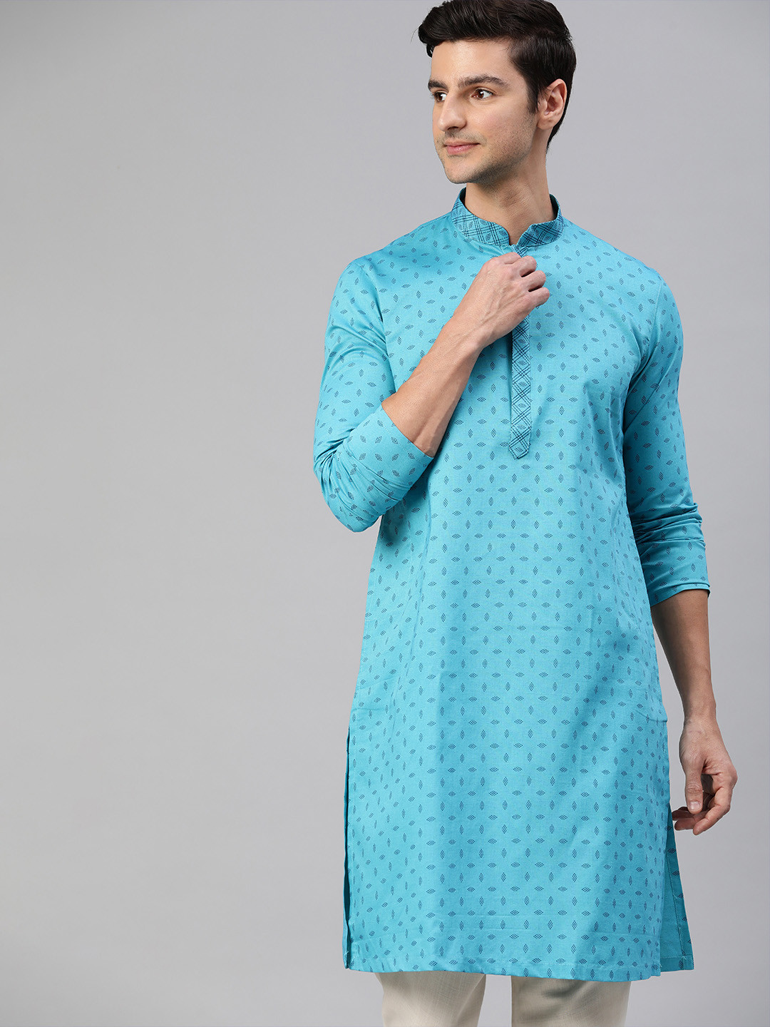 Buy Manthan Men Turquoise Blue Geometric Printed Kurta - Kurtas for Men ...