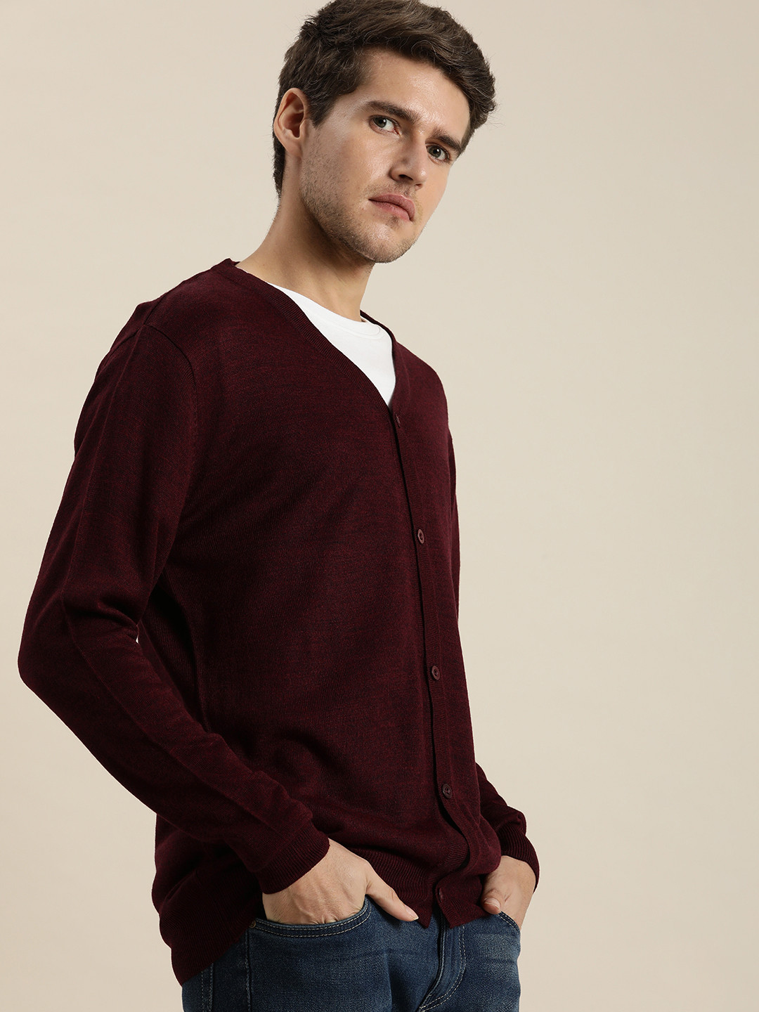 Buy INVICTUS Men Maroon V Neck Solid Front Open Sweater - Sweaters for ...