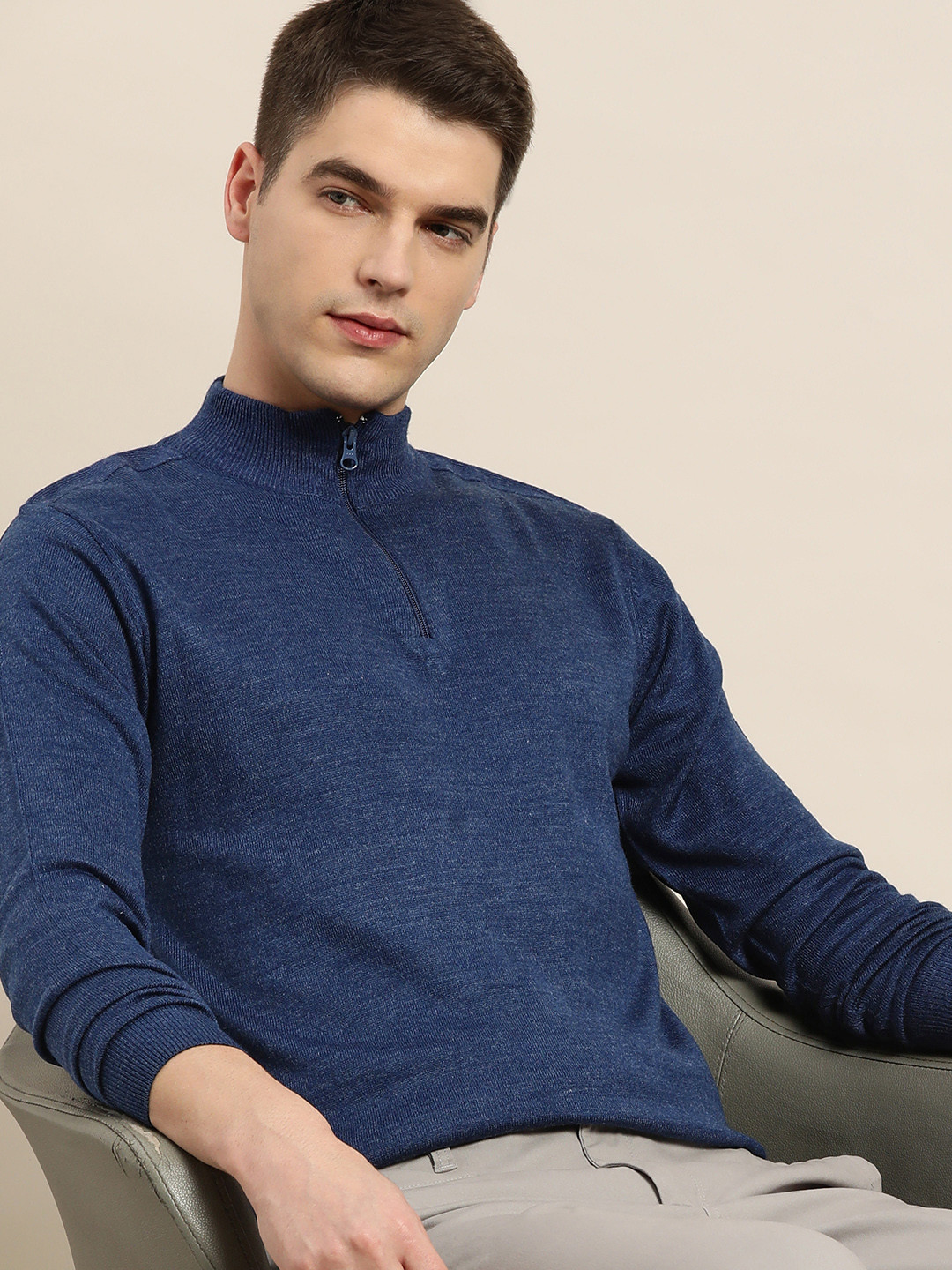 Buy INVICTUS Men Navy Blue Solid Acrylic Half Zipper Pullover ...