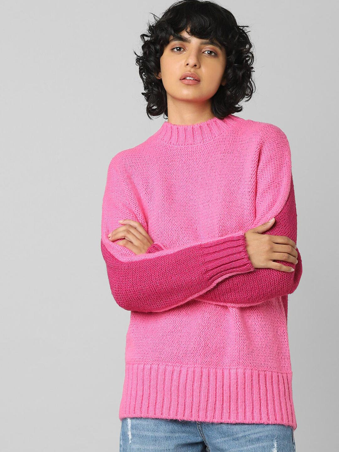Buy ONLY Women Pink Colourblocked Pullover - Sweaters for Women ...