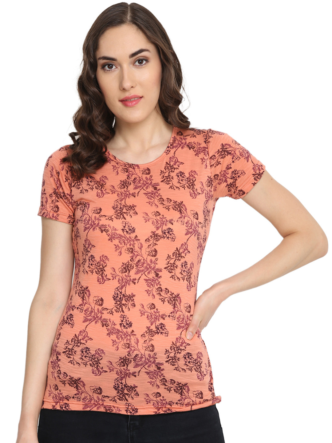 Buy PlusS Women Peach Coloured Printed Fitted Top - Tops for Women ...