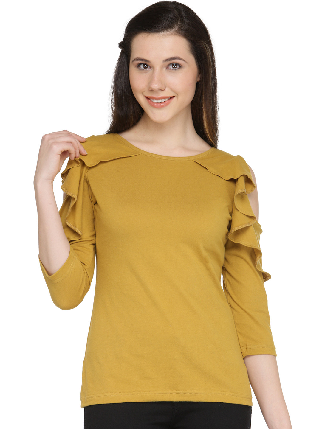 Buy PlusS Women Mustard Yellow Cold Shoulder Pure Cotton Top - Tops for ...