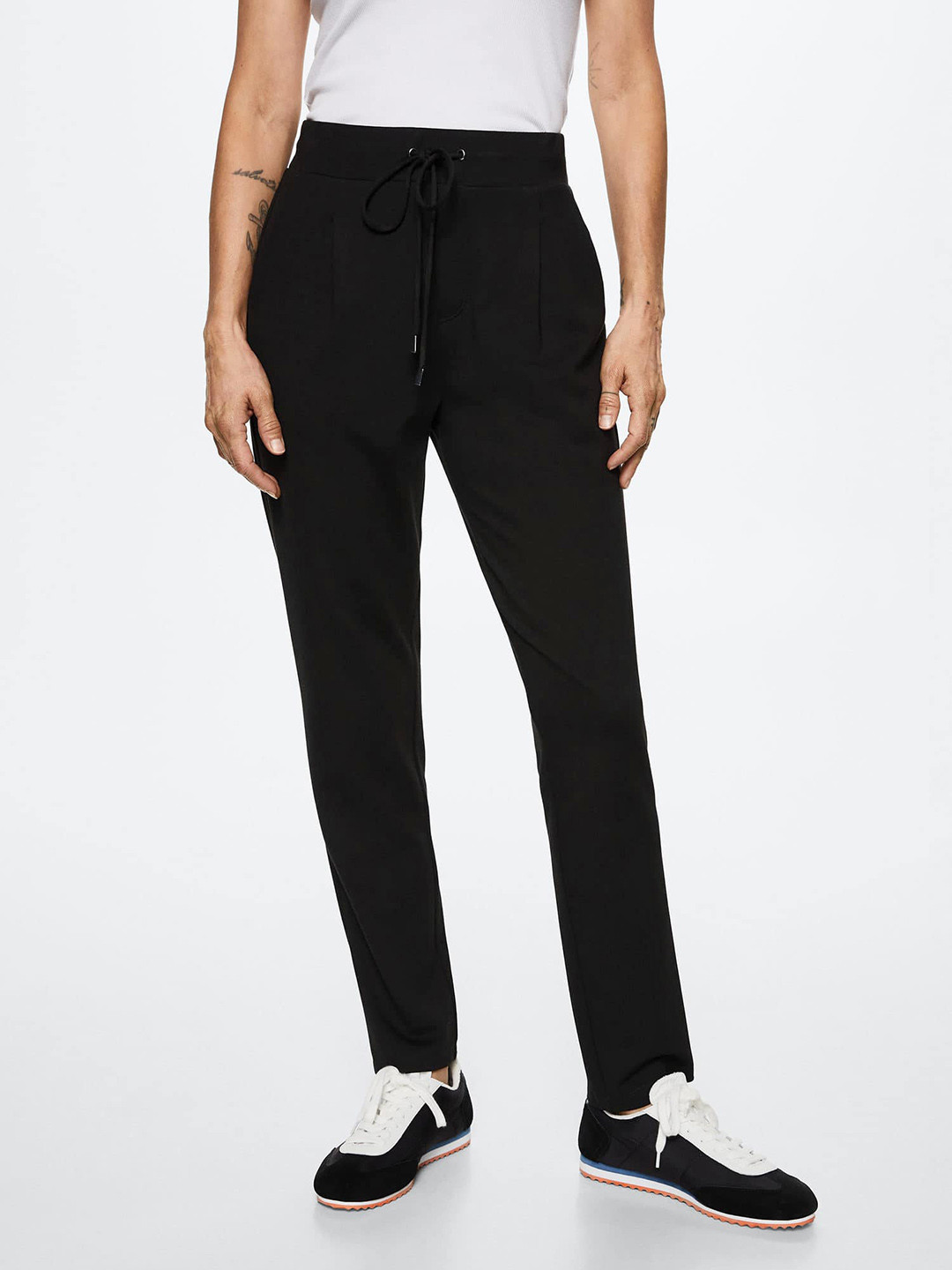 Buy MANGO Women Black Solid Pleated Track Pants - Track Pants for Women ...