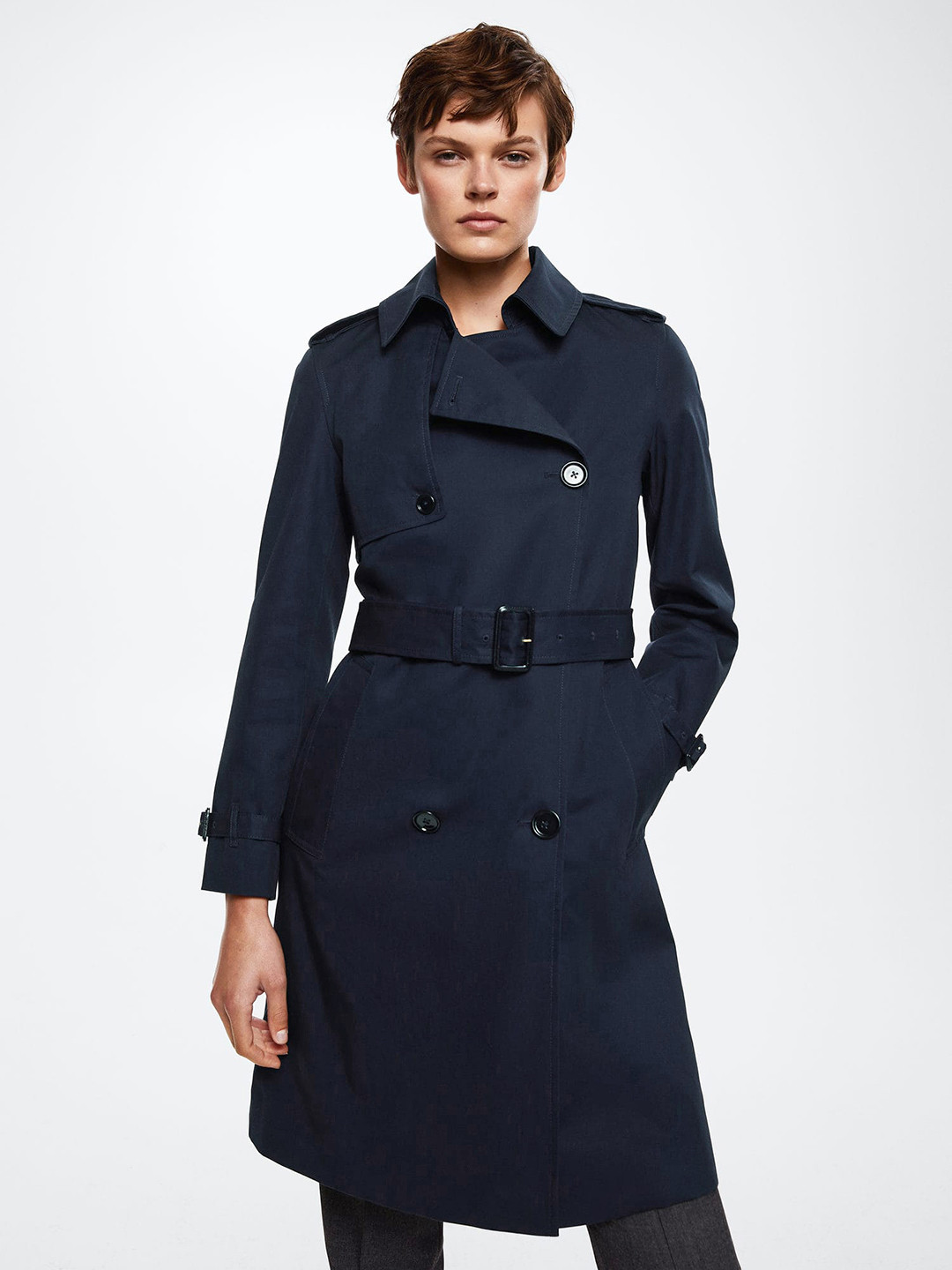 Buy MANGO Women Navy Blue Solid Double Breasted Longline Trench Coat ...