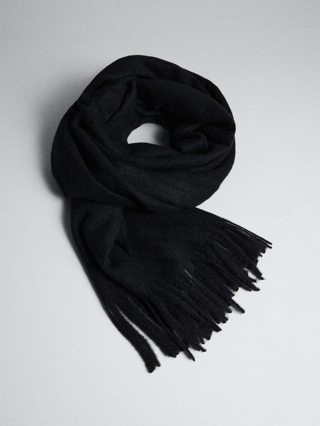 Buy MANGO Women Black Solid Fringed Edge Scarf - Scarves for Women ...