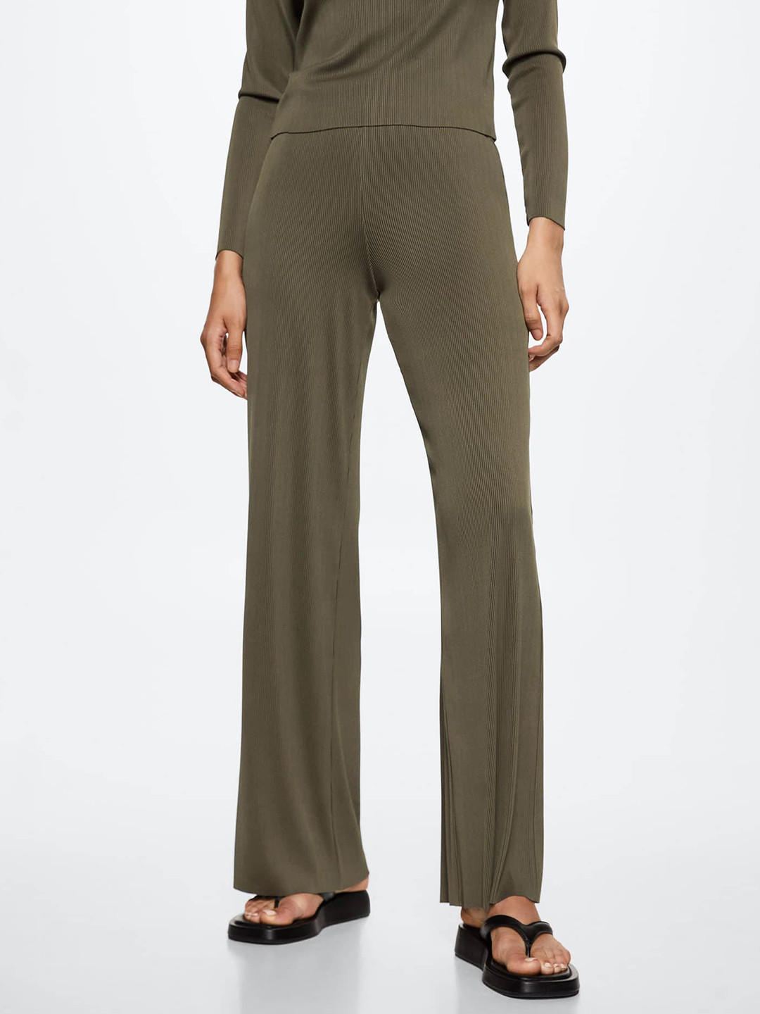 Buy MANGO Women Olive Green Solid Parallel Trousers - Trousers for ...
