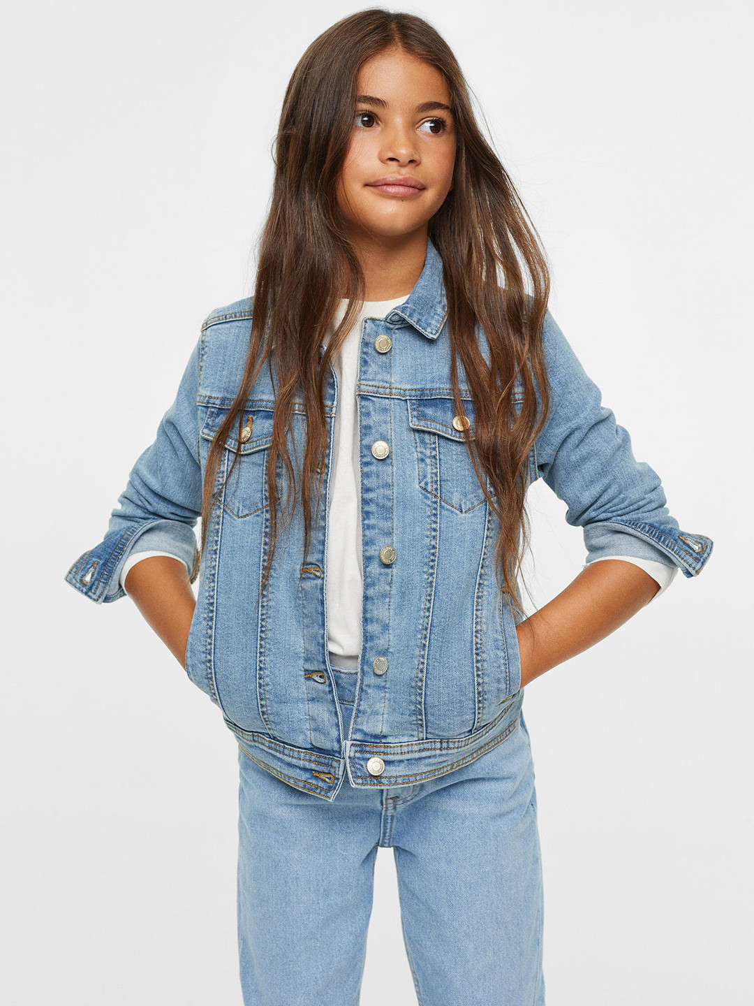Buy Mango Kids Girls Blue Solid Sustainable Denim Jacket - Jackets for ...