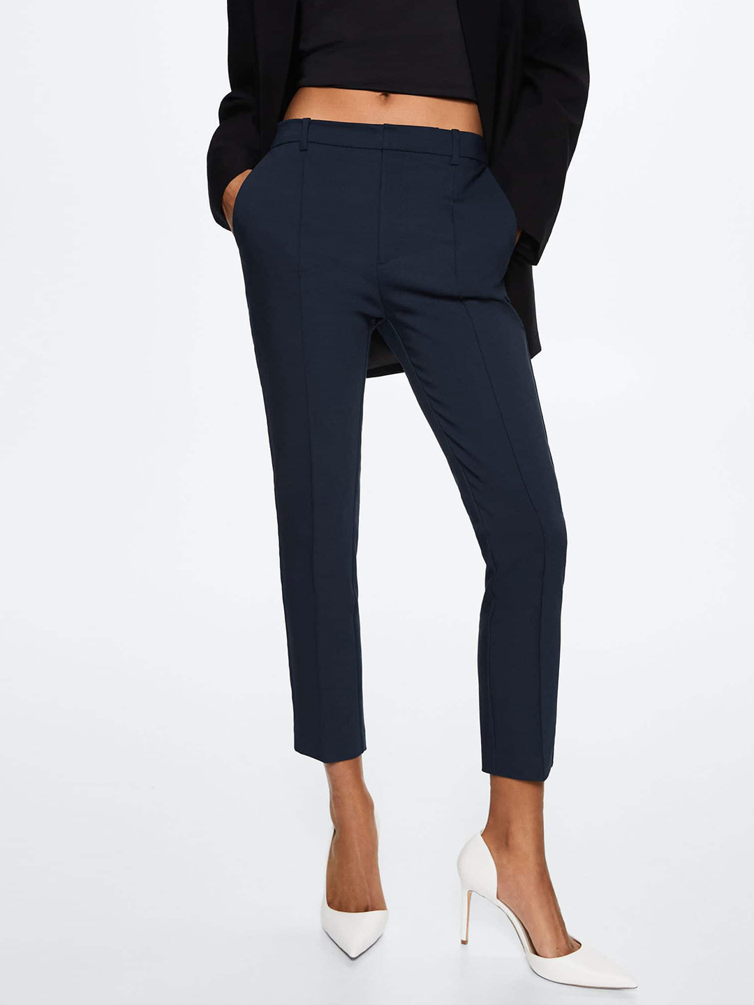 Buy MANGO Women Navy Blue Solid Cropped Trousers - Trousers for Women ...