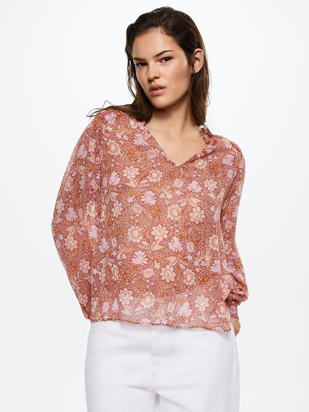 Buy MANGO Brown & Pink Floral Print Ruffles Top - Tops for Women ...