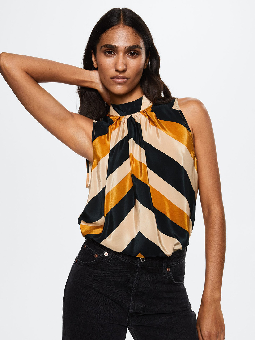 Buy MANGO Black & Beige Geometric Striped Tie Up Neck Satin Top - Tops ...