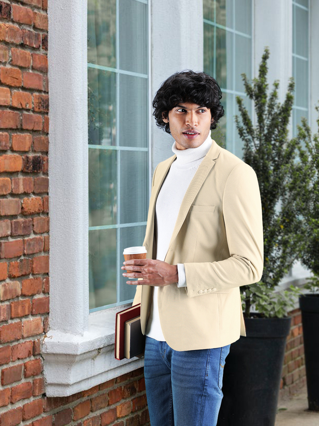 Buy Louis Philippe Sport Men Cream Coloured Single Breasted Casual ...