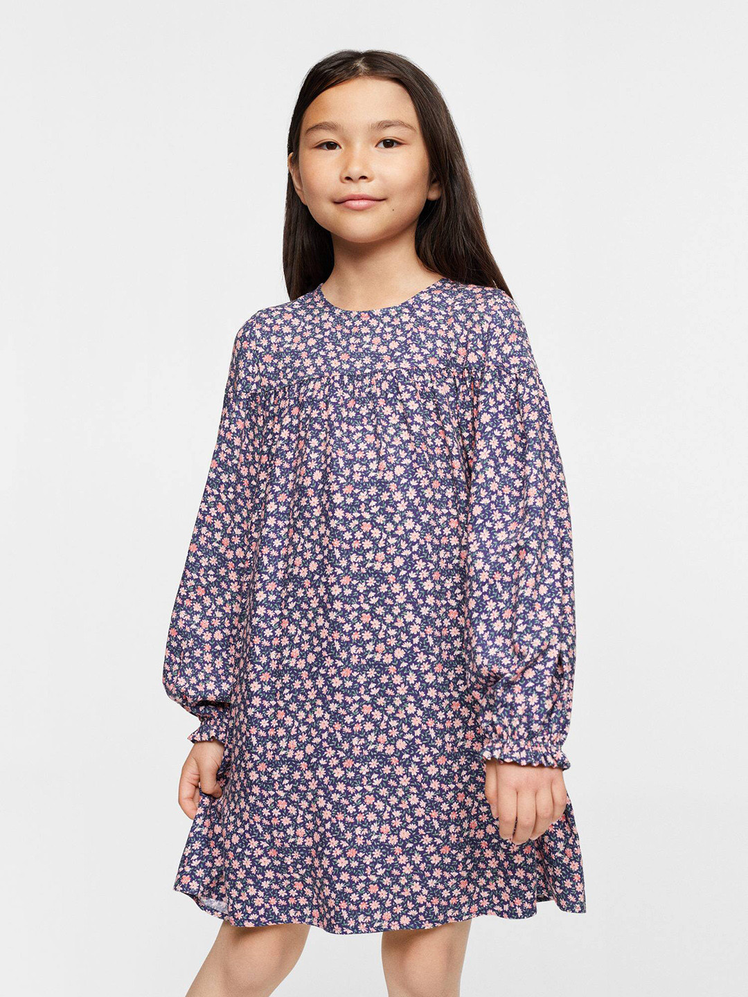 Buy Mango Kids Girls Navy Blue & Pink Floral Print A Line Dress ...