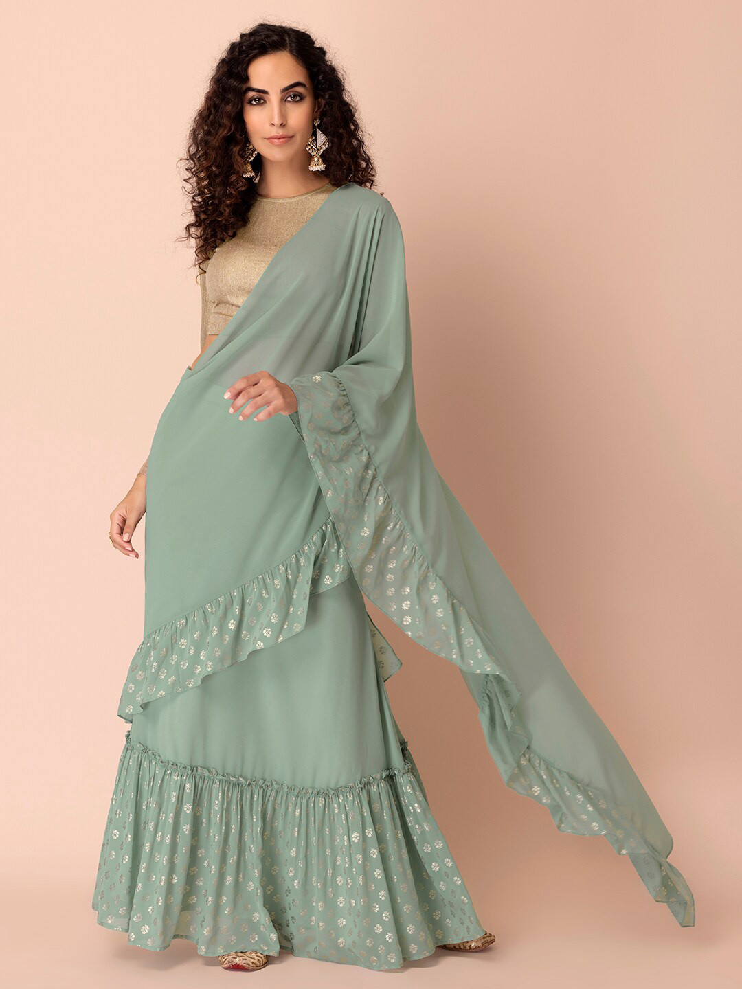 Buy INDYA Women Sage Green Solid Ruffles Pre Draped Ready To Wear Saree ...