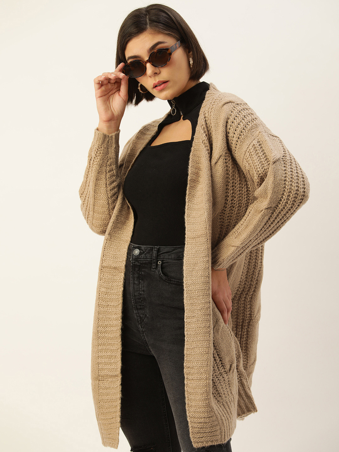 Buy FOREVER 21 Women Brown Acrylic Cable Knit Longline - Sweaters for ...