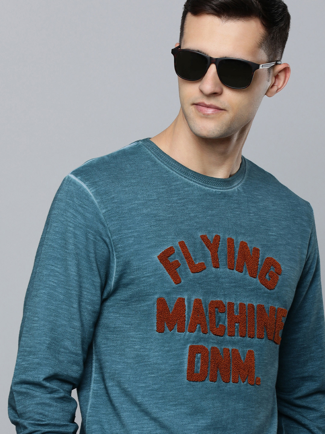 Buy Flying Machine Men Teal Blue Brand Logo Self Design Pure Cotton ...