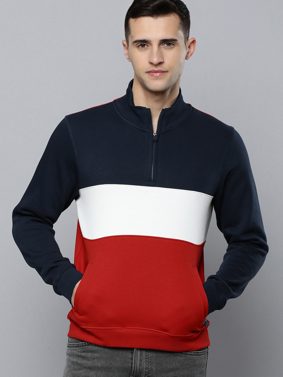 Buy Flying Machine Men Navy Blue And Orange Colourblocked Sweatshirt ...