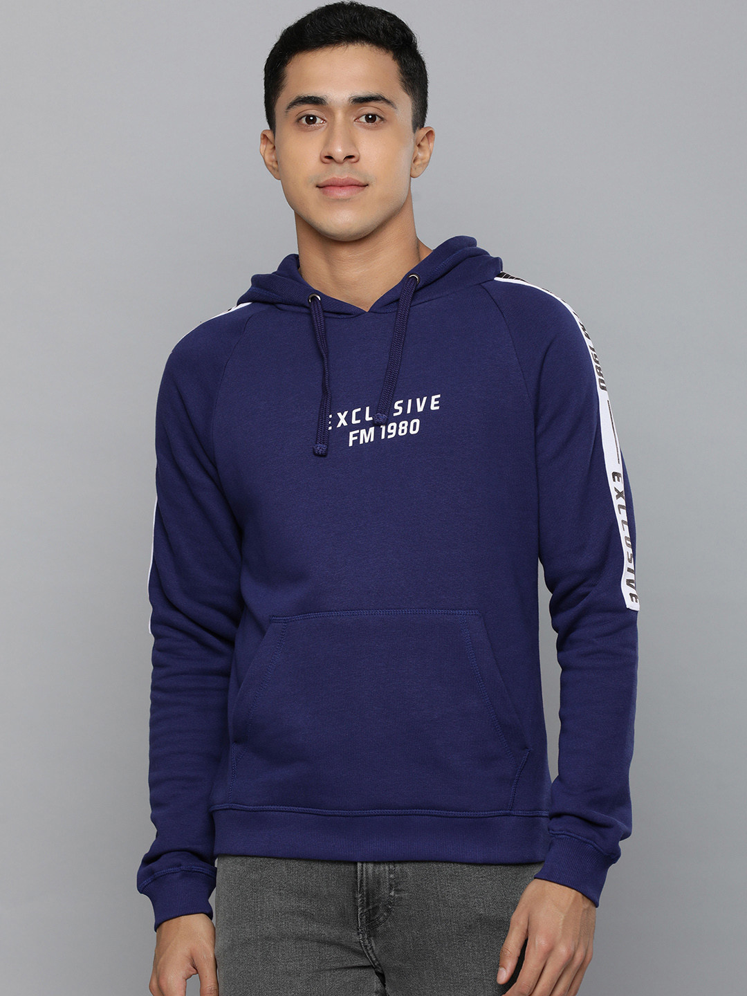 Buy Flying Machine Men Navy Blue Solid Hooded Pure Cotton Sweatshirt ...