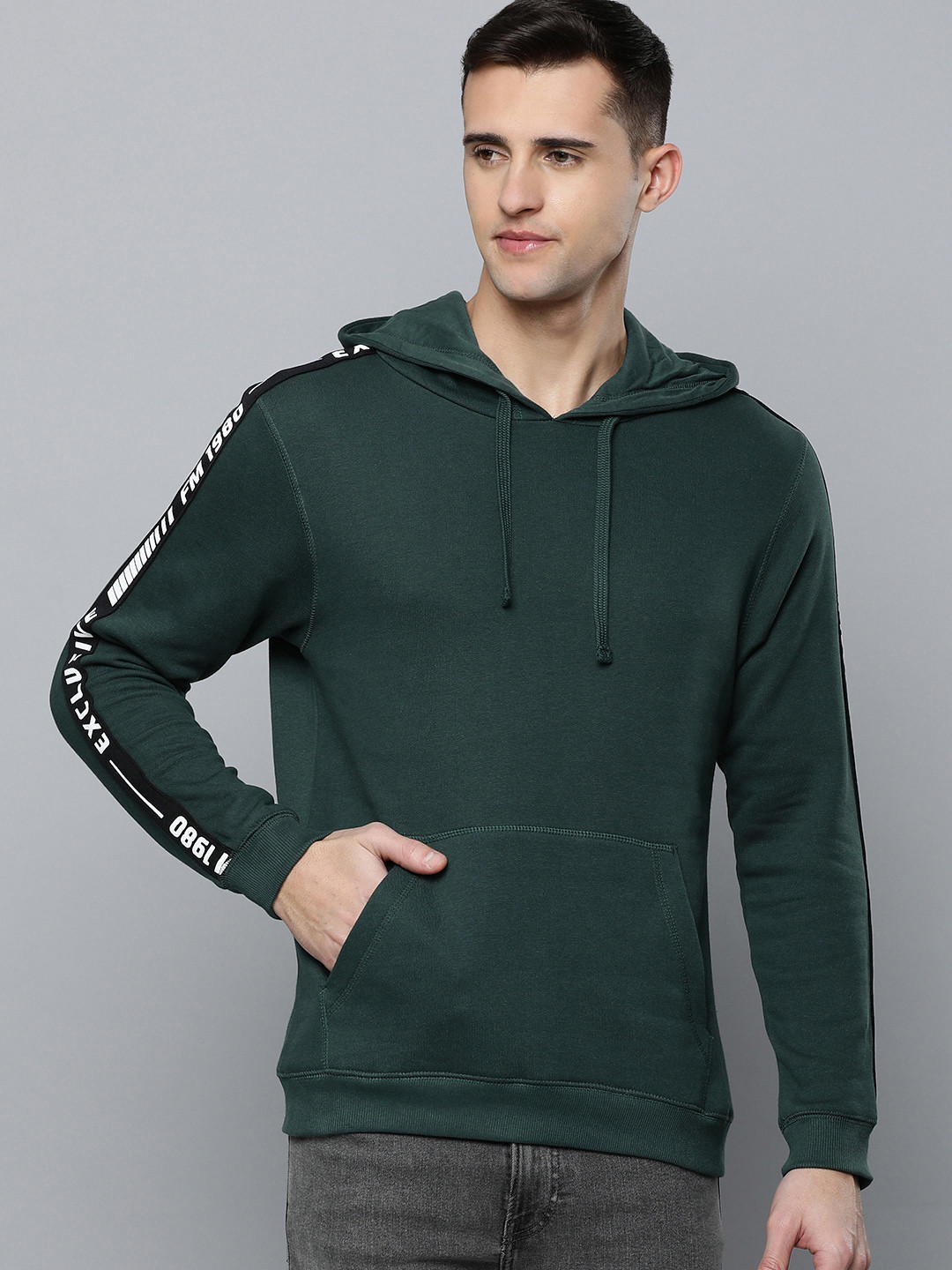 Buy Flying Machine Men Green Solid Hooded Pure Cotton Sweatshirt With ...