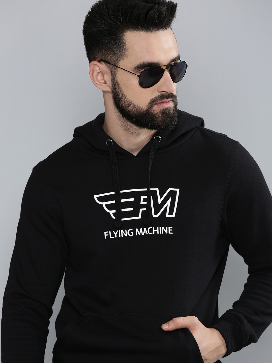 Buy Flying Machine Men Black Pure Cotton Brand Logo Printed Hooded ...