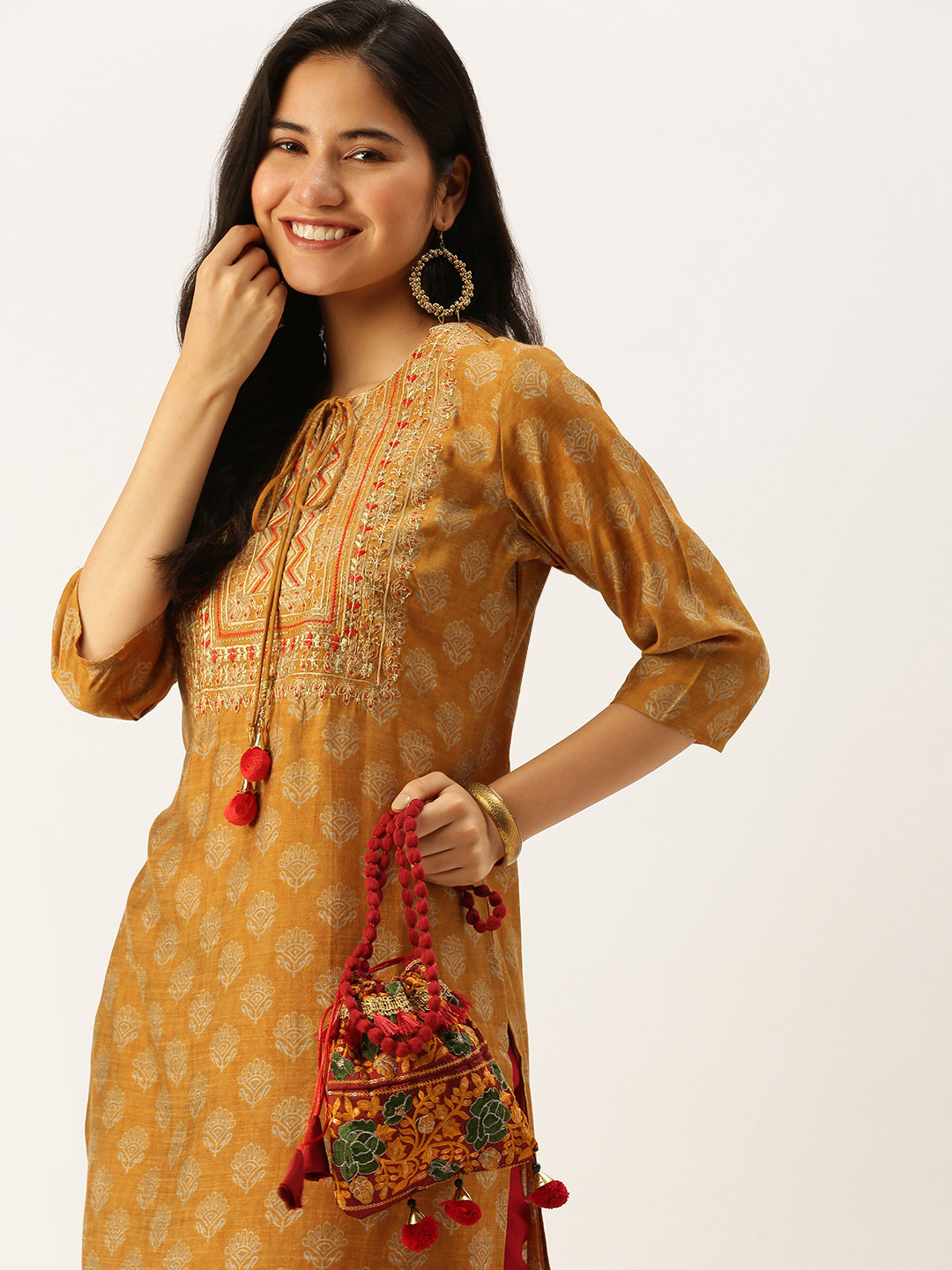 Buy SHOWOFF Women Mustard Yellow Ethnic Motifs Embroidered Keyhole Neck ...