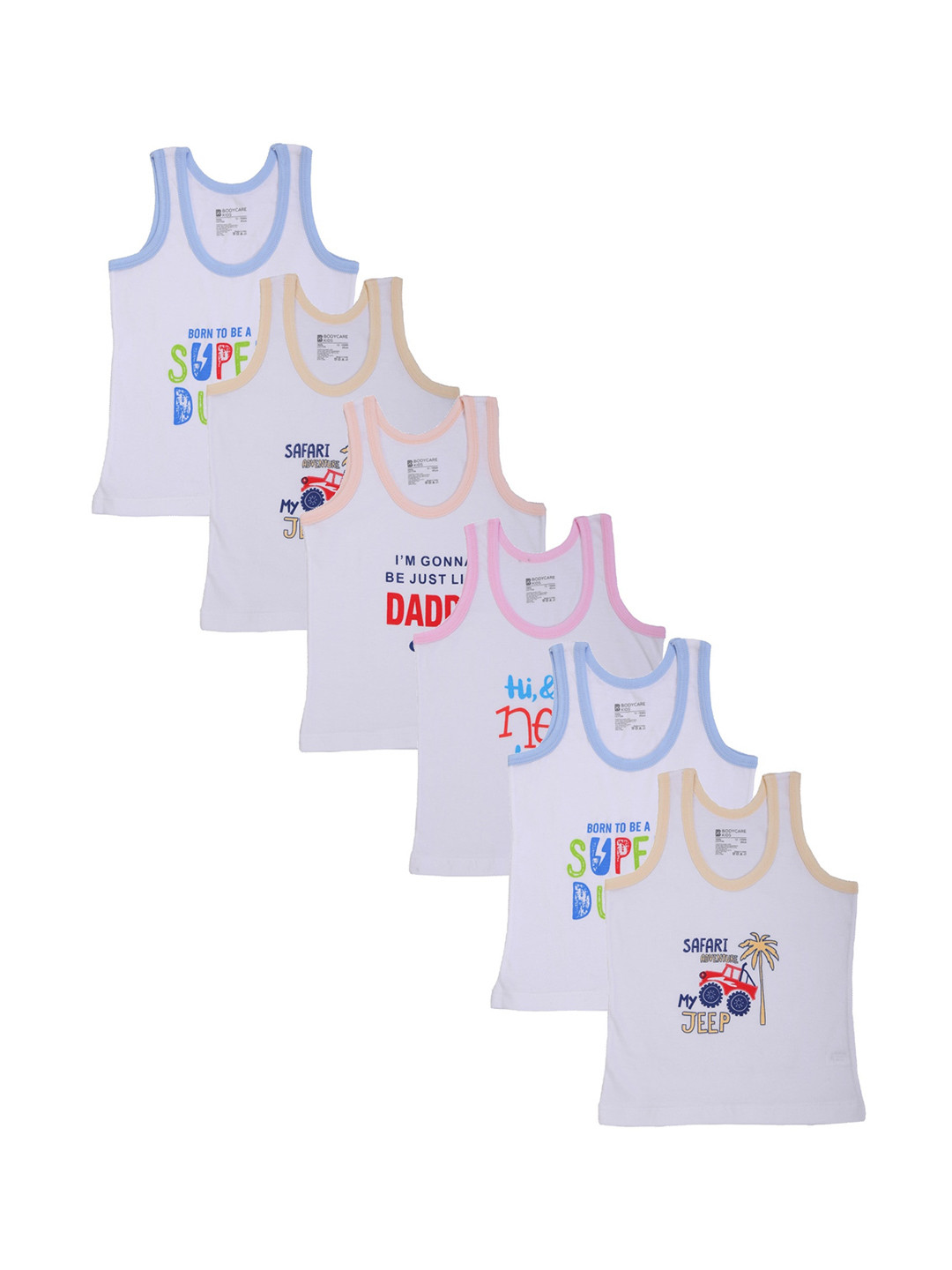 Buy Bodycare Kids Boys Pack Of 6 White Printed Cotton Innerwear Vests ...