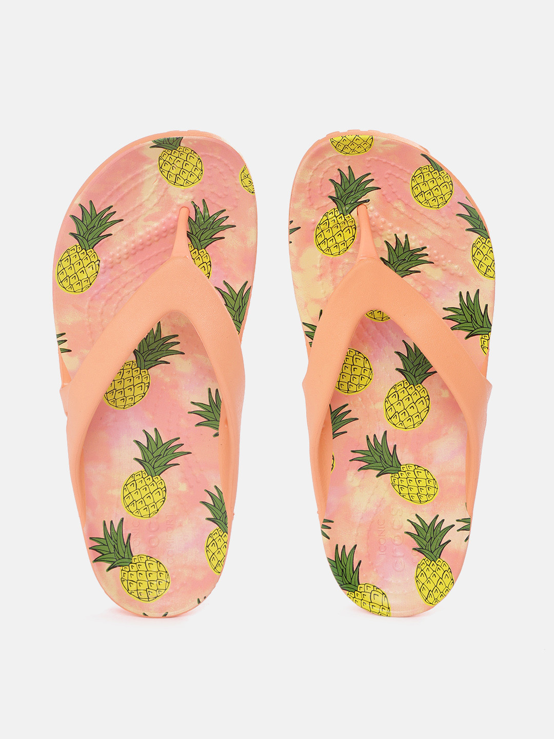 Buy Crocs Women Peach Coloured & Yellow Tropical Print Croslite Thong ...
