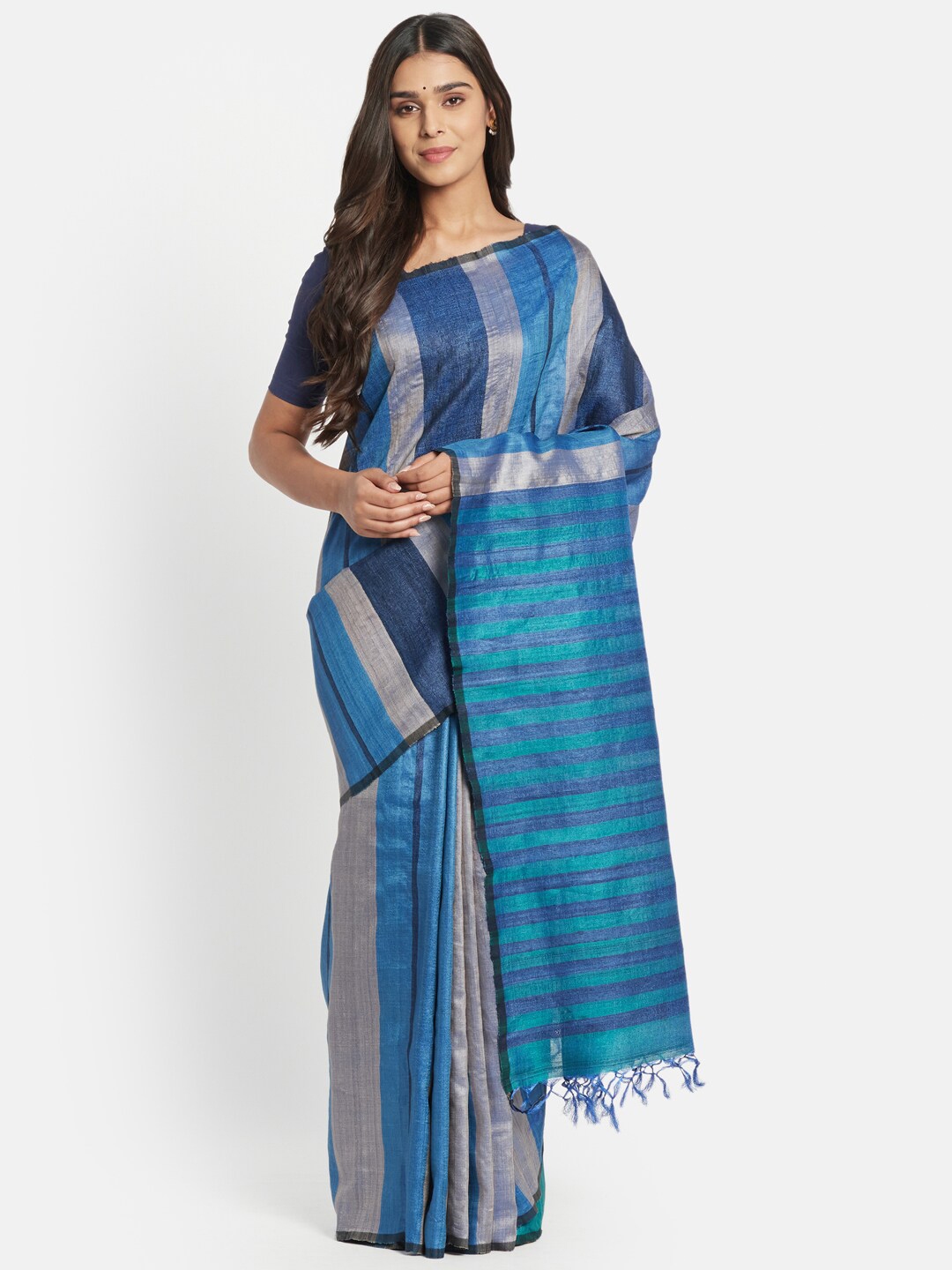 Buy Fabindia Blue & Silver Toned Striped Pure Silk Saree - Sarees for ...