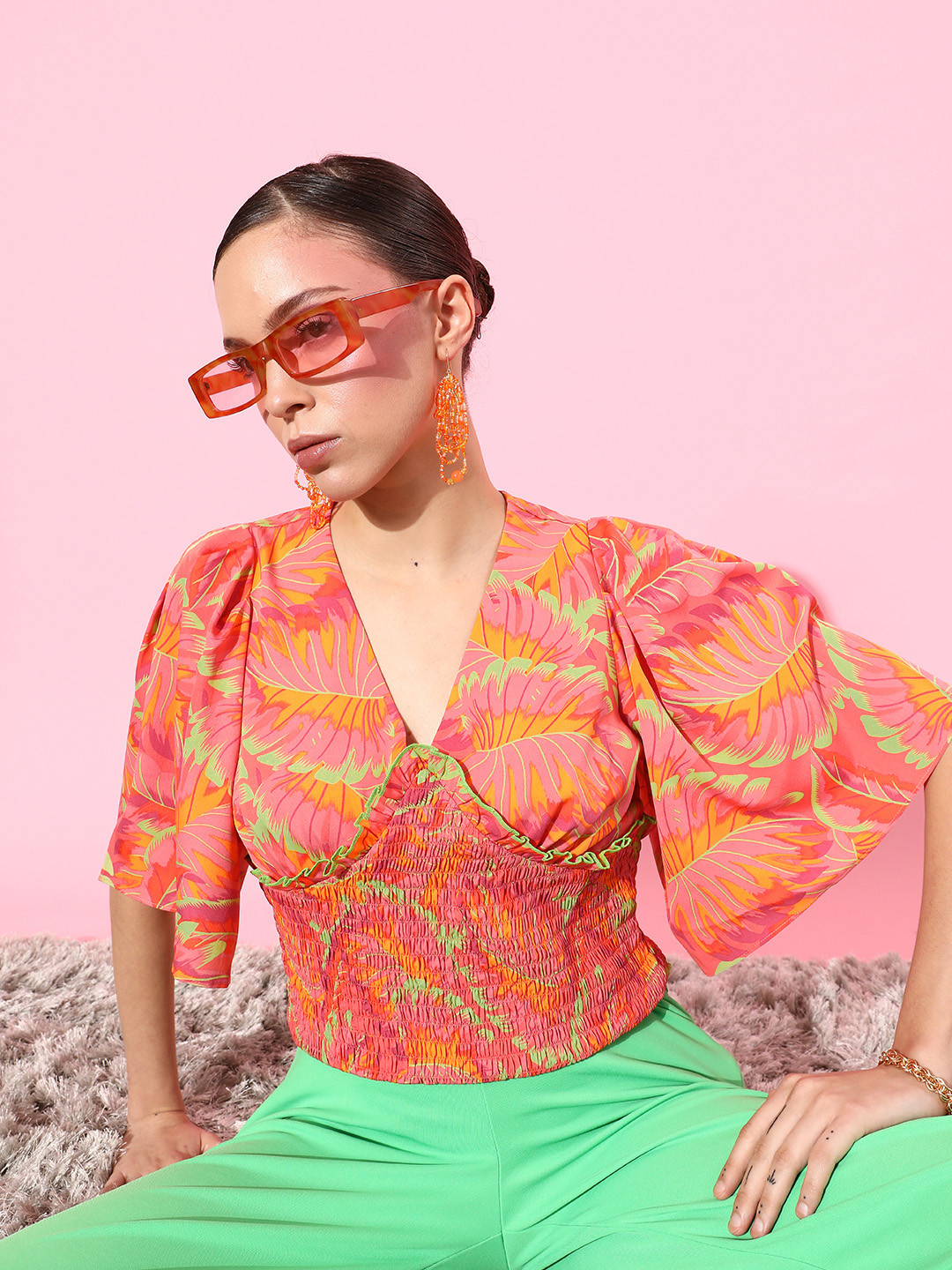 Buy Style Quotient Bright Orange Floral Indie Gal Top - Tops for Women ...