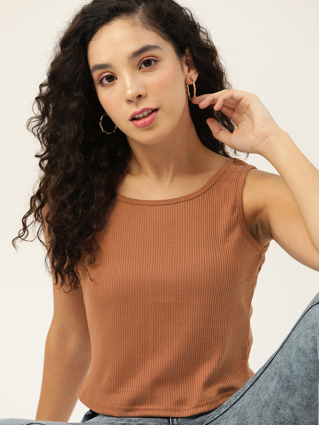 Buy Dressberry Basics Women Brown Pure Cotton Self Striped Tank Crop ...