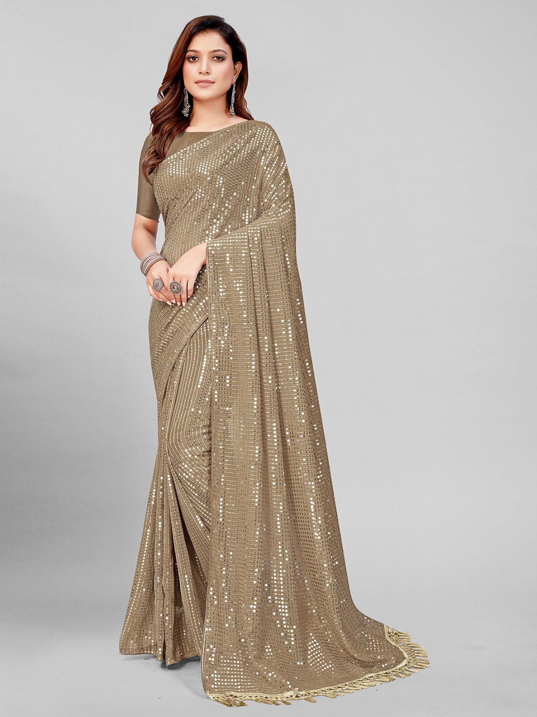 Buy Granthva Fab Beige & Silver Toned Embellished Sequinned Pure ...