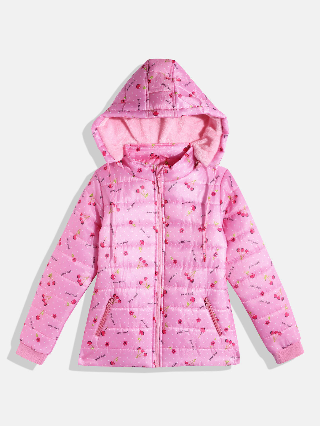 Buy Provogue Girls Pink & Red Typography Print Detachable Hood Padded ...