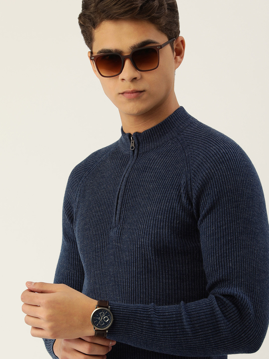 Buy PETER ENGLAND UNIVERSITY Men Navy Blue Ribbed Pullover - Sweaters ...