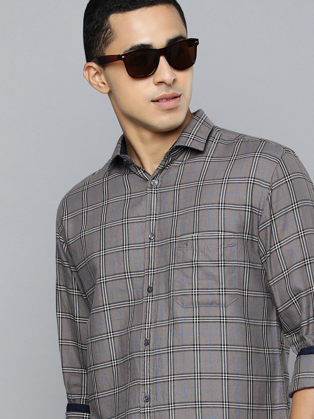 Buy Lawman Pg3 Men Grey Slim Fit Tartan Checks Pure Cotton Casual Shirt ...