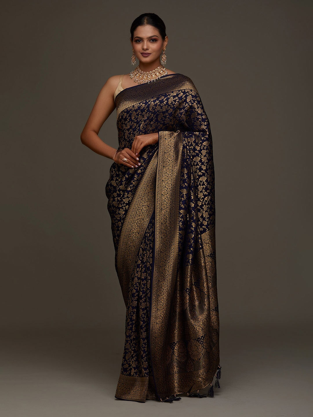 Buy Koskii Navy Blue & Gold Toned Woven Design Zari Brocade Saree ... Buy Koskii Navy Blue & Gold Toned Woven Design Zari Brocade Saree ...