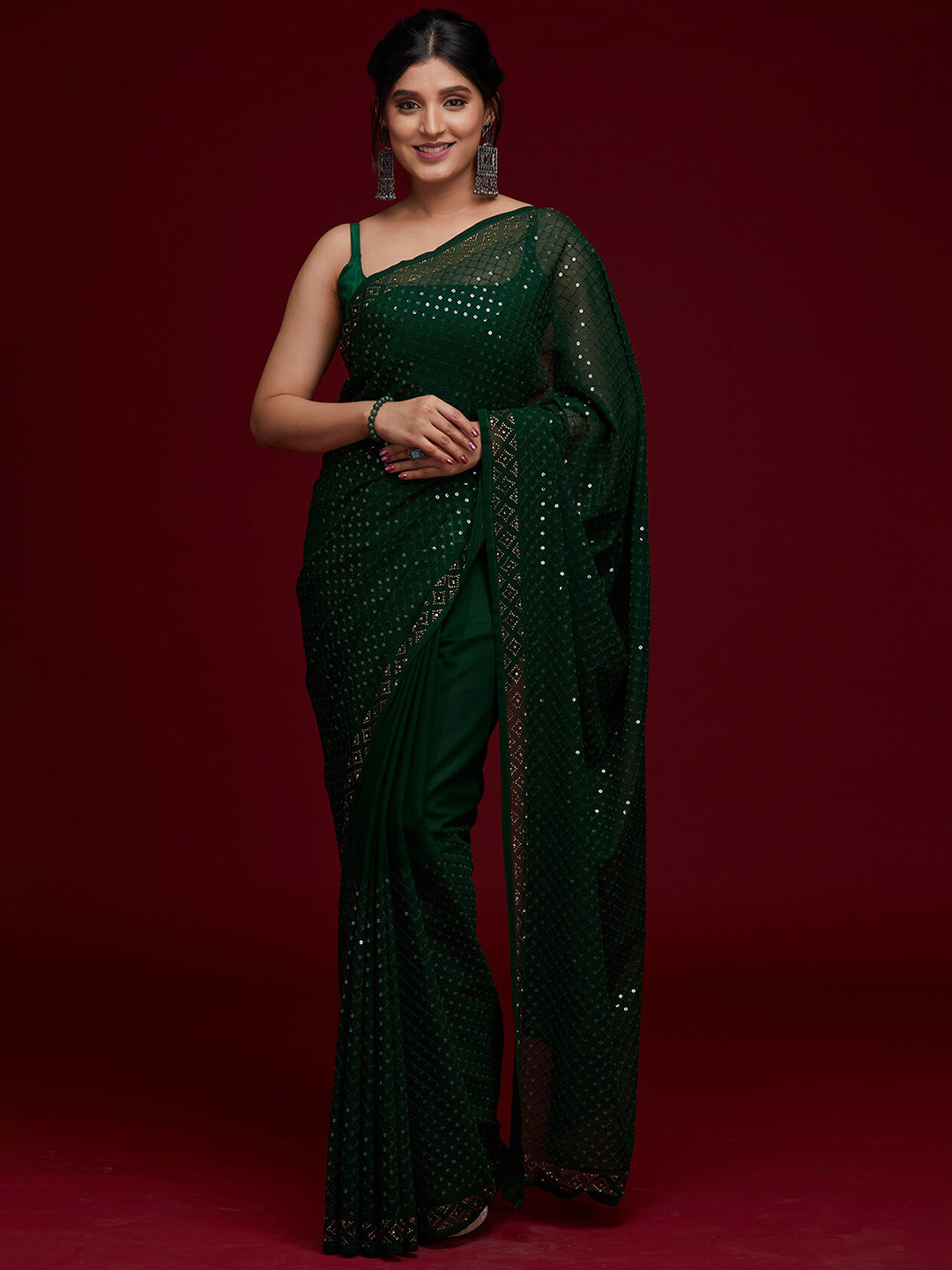 Buy Koskii Green Embellished Sequinned Saree - Sarees for Women ...