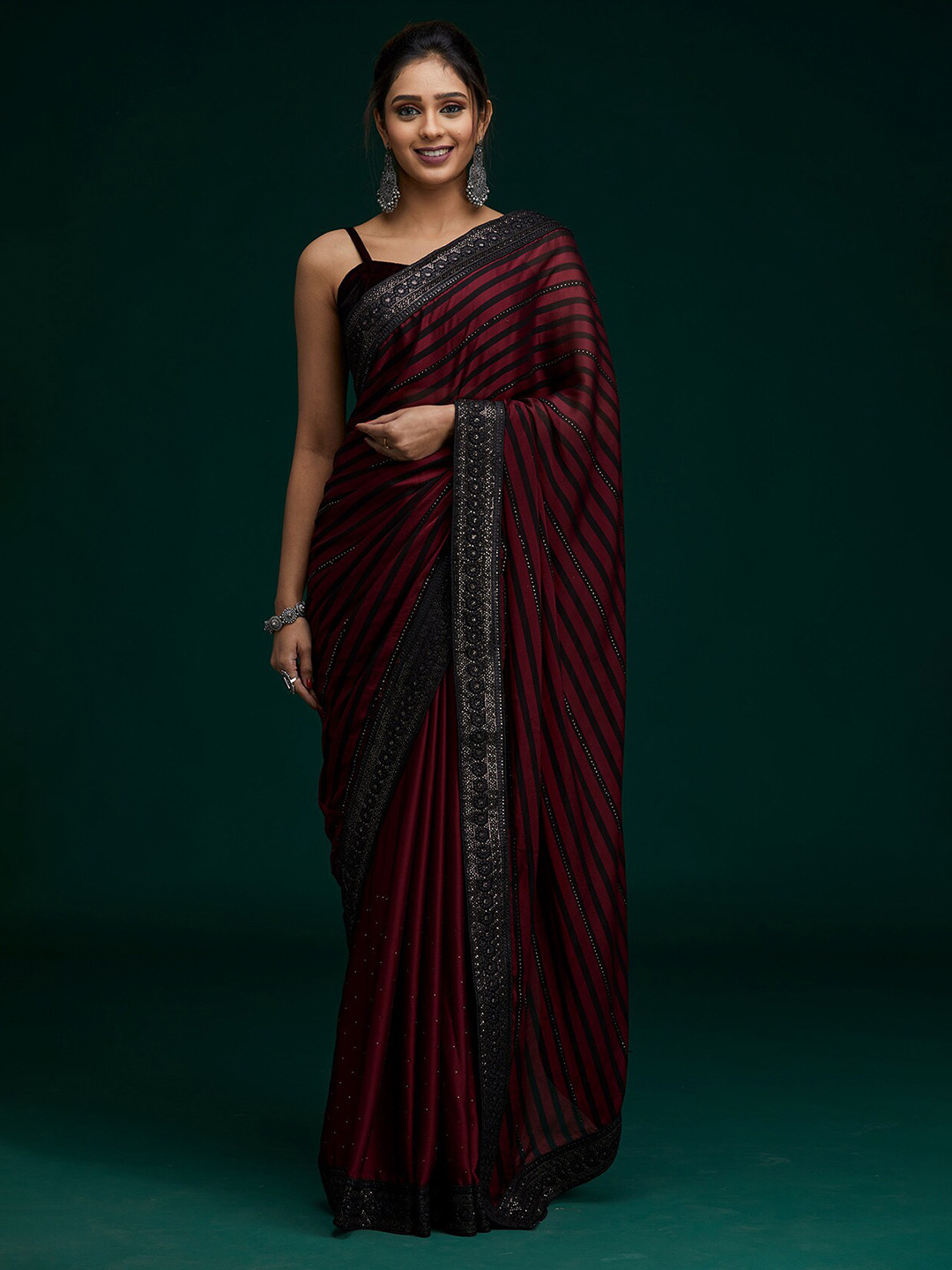 Buy Koskii Maroon & Black Striped Sequinned Saree - Sarees for Women ...
